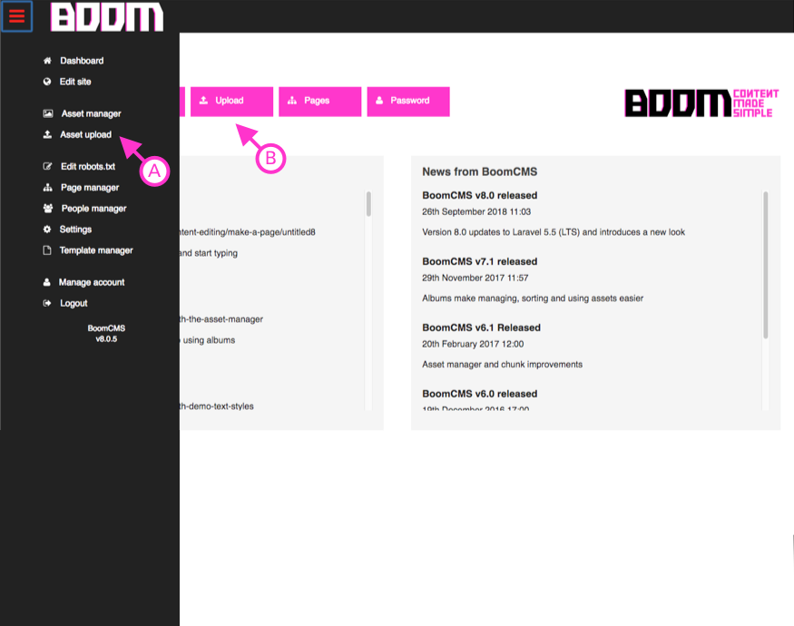 Upload from dashboard or CMS menu | BoomCMS